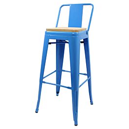 Blue Tolix Style Bar Stool with Low Back and Wooden Seat