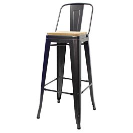 Gloss Gun Metal Tolix Style Bar Stool with Low Back and Wooden Seat