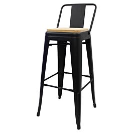 Tolix Style Bar Stool with Low Back and Wooden Seat
