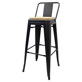 Matte Gun Metal Tolix Style Bar Stool with Low Back and Wooden Seat