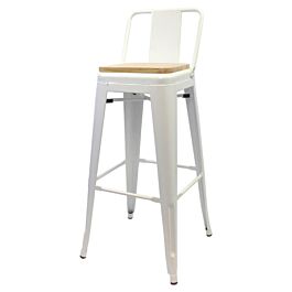 White Tolix Bar Stool Low Back Wooden Seat