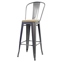 Gloss Gun Metal Tolix Style Bar Stool with Tall Back and Wooden Seat