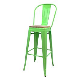 Green Tolix Style Bar Stool with Tall Back and Wooden Seat
