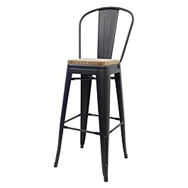 Matte Gun Metal Tolix Style Bar Stool with Tall Back and Wooden Seat