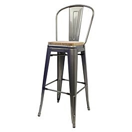 Industrial Grey Tolix Style Bar Stool with Tall Back and Wooden Seat