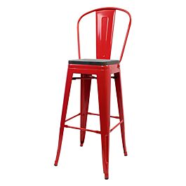 Red Tolix Style Bar Stool with Tall Back and Wooden Seat